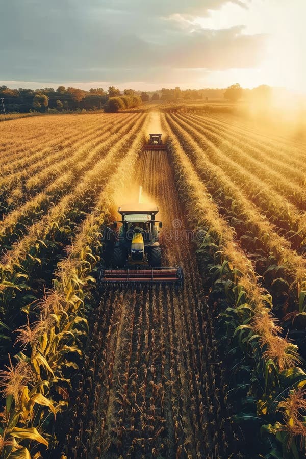 Tractors Harvest Corn in a Field during Sunset Stock Image - Image of ...