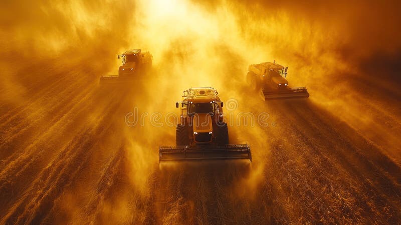 Tractors Working in a Dusty Field during Sunset, Highlighting ...