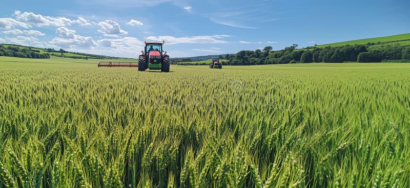 Tractors Working in Lush Green Rice Field Under Blue Sky with Clouds ...
