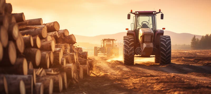 Tractors Working during Sunset in a Logging Area Surrounded by ...