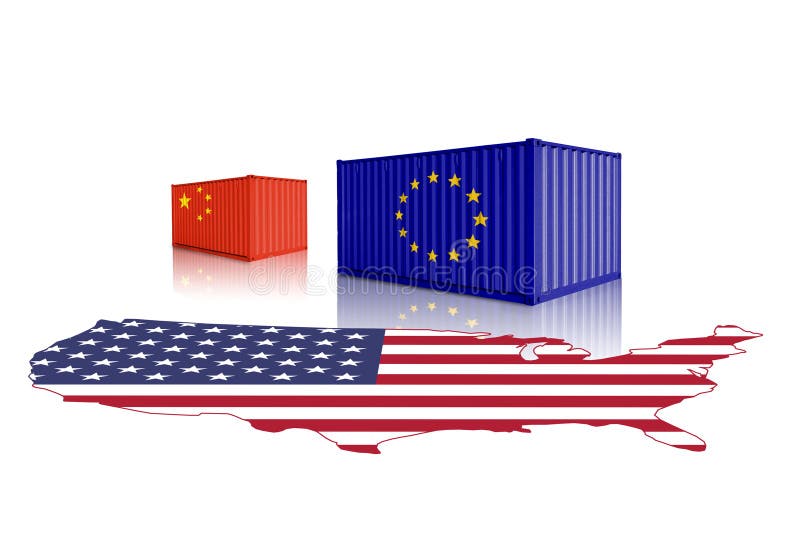 Trade Containers with EU and China Flags on a USA Map. Trade, Duty ...