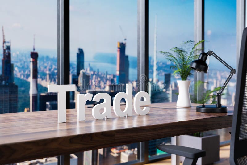 Trade; Office Chair in Front of Modern Workspace and Panoramic Skyline ...