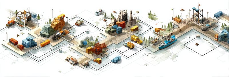 Trade Route Map in Isometric View with Drifting Cargo Containers ...