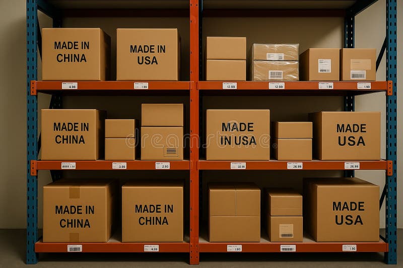 Trade Shelf with Boxes Labeled Made in China and Made in USA ...