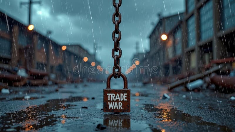 Trade War Concept: Chain with Padlock in Rainy Industrial Street Stock ...