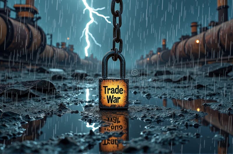 Trade War Concept: Lock with Lightning and Industrial Background in ...