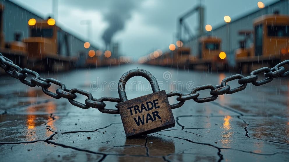 Trade War Concept with Locked Chain in Industrial Setting Under Rain ...