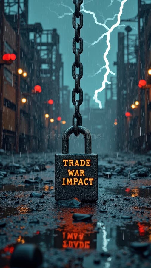 Trade War Impact: Chain and Lock Under Dramatic Lightning in Rainy ...
