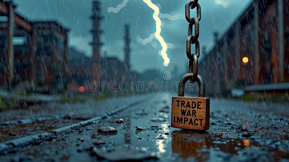 Trade War Impact Lock Symbol with Lightning in Industrial Area Stock ...