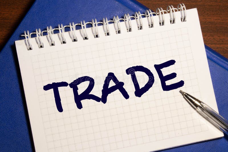 TRADE Word on White Table through Craft Torn Paper. Flat Lay, Top View ...