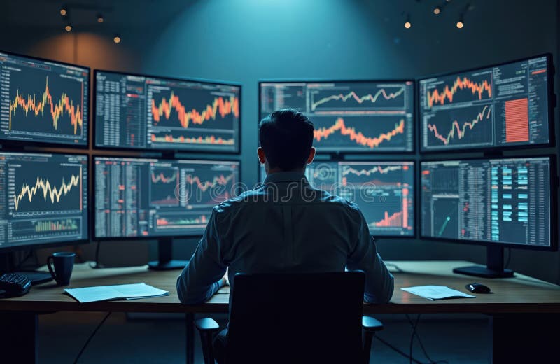 Trader Analyzes Stock Market Data Behind Multiple Computer Screens. Man ...