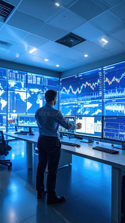 A Trader Analyzing Financial Data and Graphs on Multiple Screens in Office. Stock Photo - Image ...