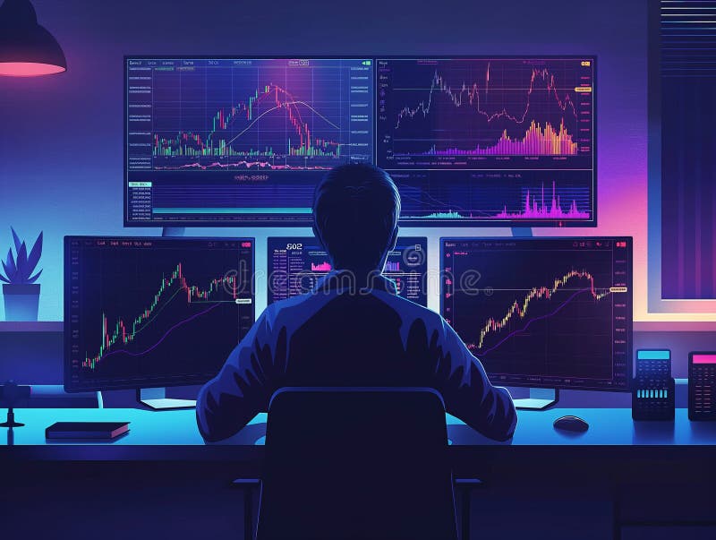 Trader Analyzing Financial Data on Multiple Computer Screens Stock Image - Image of generated ...