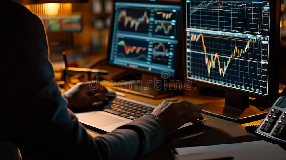 Trader Analyzing Financial Markets with Multiple Computer Screens ...
