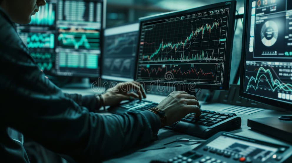 Trader Analyzing Financial Markets with Multiple Computer Screens ...