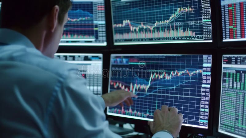 Trader Analyzing Financial Markets With Multiple Computer Screens
