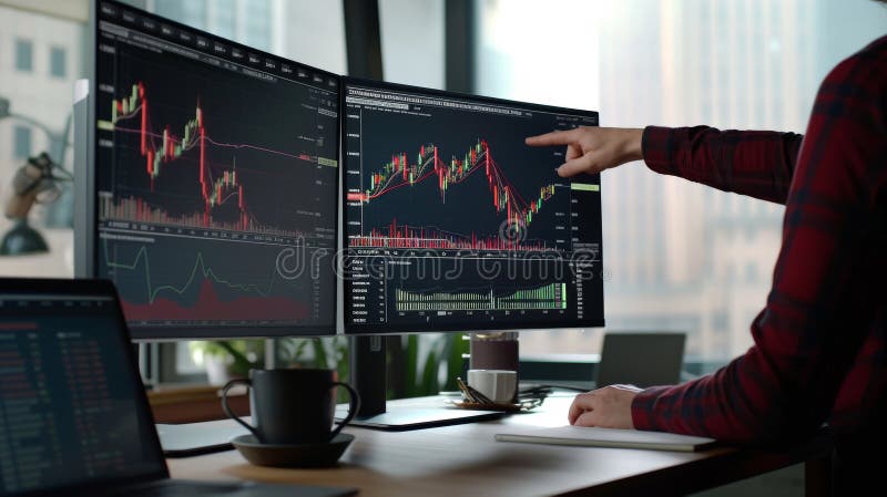 Trader Analyzing Financial Markets With Multiple Computer Screens