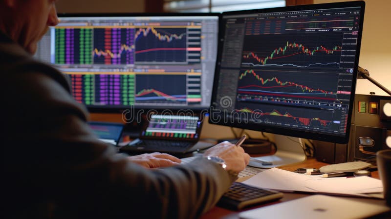Trader Analyzing Financial Markets With Multiple Computer Screens