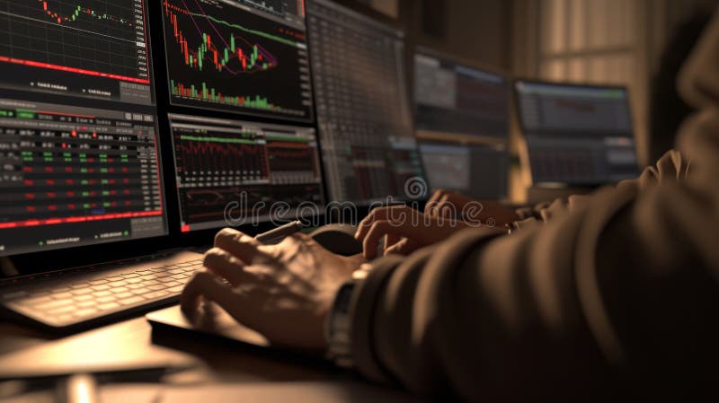 Trader Analyzing Financial Markets with Multiple Computer Screens Displaying Real-time Trading ...