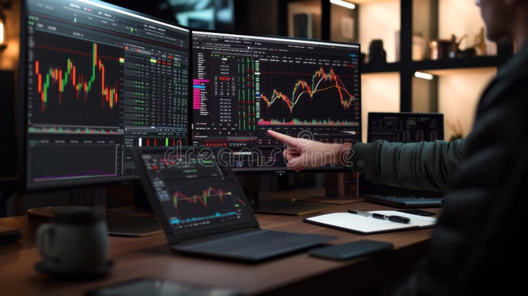 Trader Analyzing Financial Markets with Multiple Computer Screens ...