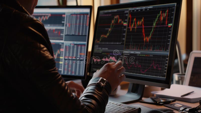 Trader Analyzing Financial Markets With Multiple Computer Screens