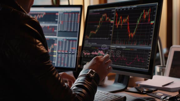 Trader Analyzing Financial Markets with Multiple Computer Screens Displaying Real-time Trading ...