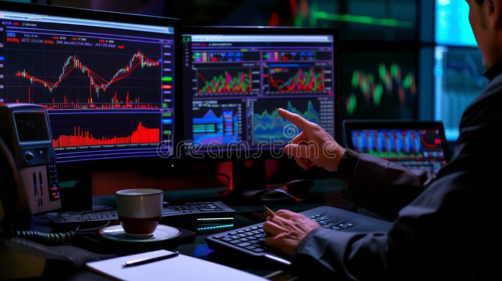 Trader Analyzing Financial Markets with Multiple Computer Screens Displaying Real-time Trading ...