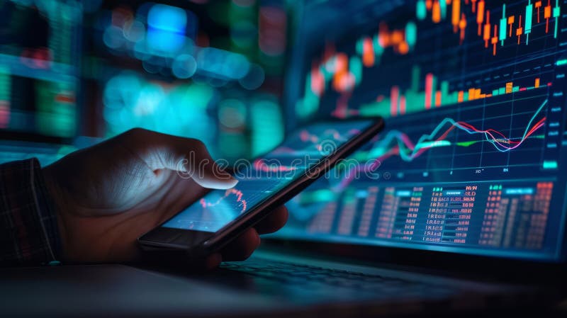 Trader Hand with Mobile Phone and Computer Screens with Trading Stock ...