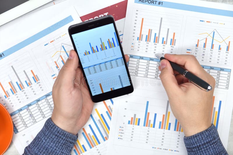 Trader Man Hands Using Smart Phone with Financial Document Stock Image ...