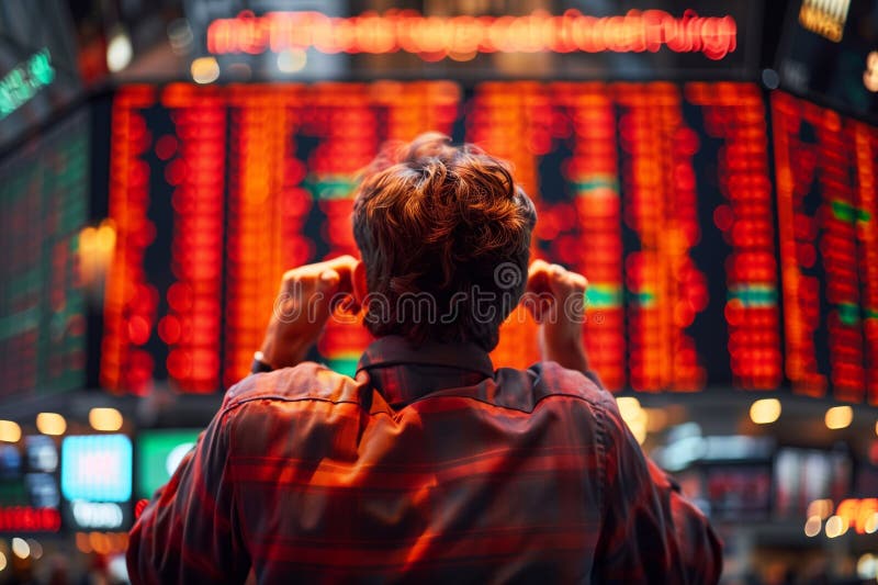 A Trader Reviews Stock Market Data with Red Displays Reflecting Market ...
