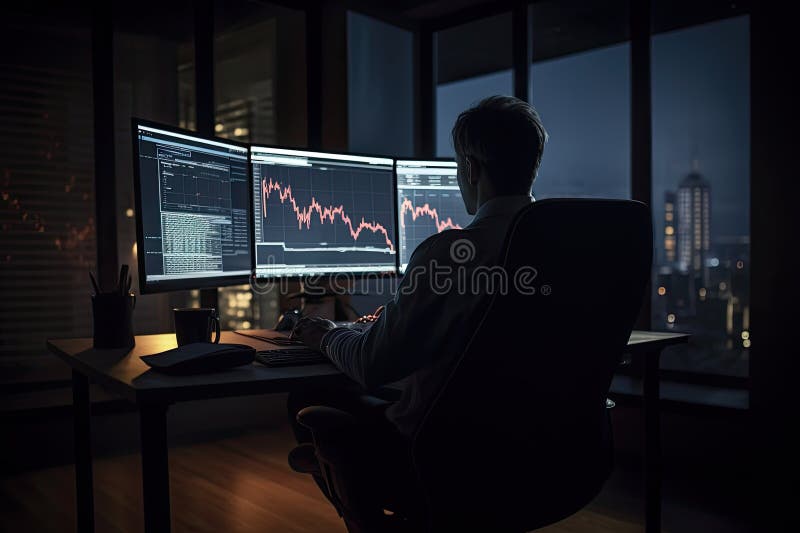 Trader Sit in Front of Computer Screen To Monitor Share Market Stock ...