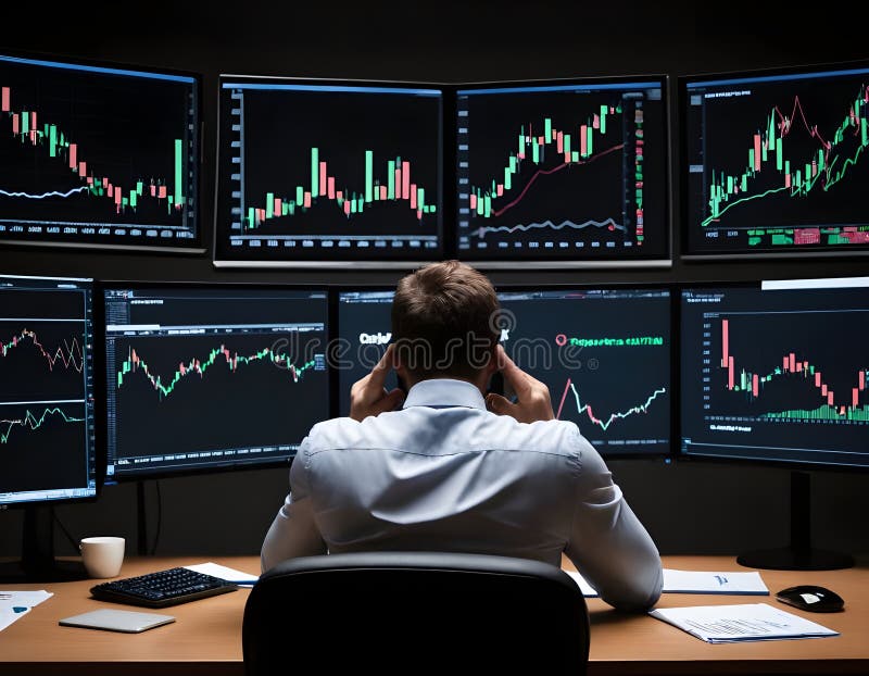 Trader Stressed while Analyzing Market Data on Multiple Screens in a ...