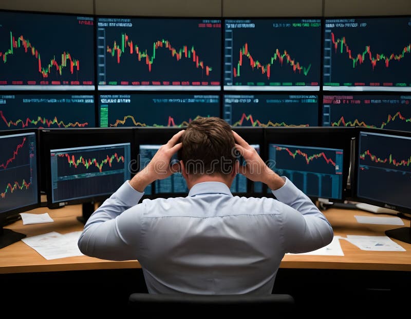 Trader Stressed while Analyzing Market Data on Multiple Screens in a ...
