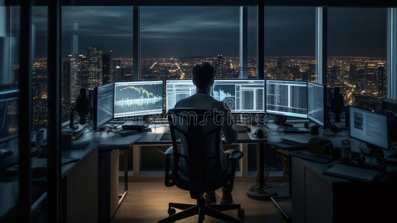 A Trader Sits at a Table in the Office Behind Monitors. Generative AI ...