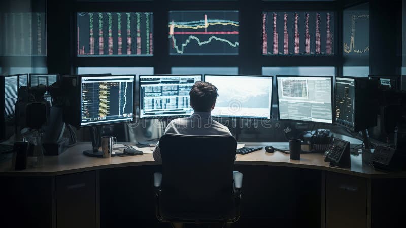 A Trader Sits at a Table in the Office Behind Monitors. Generative AI ...