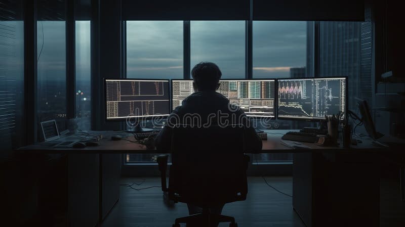 A Trader Sits at a Table in the Office Behind Monitors. Generative AI ...