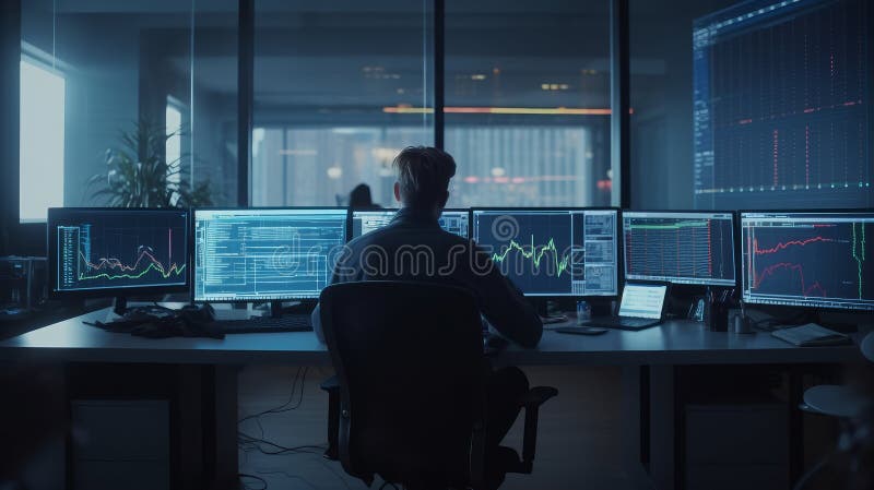 A Trader Sits at a Table in the Office Behind Monitors. Generative AI ...