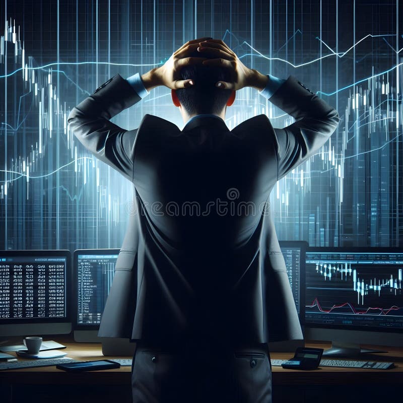 Trader Stressed while Analyzing Market Data on Multiple Screens in a ...