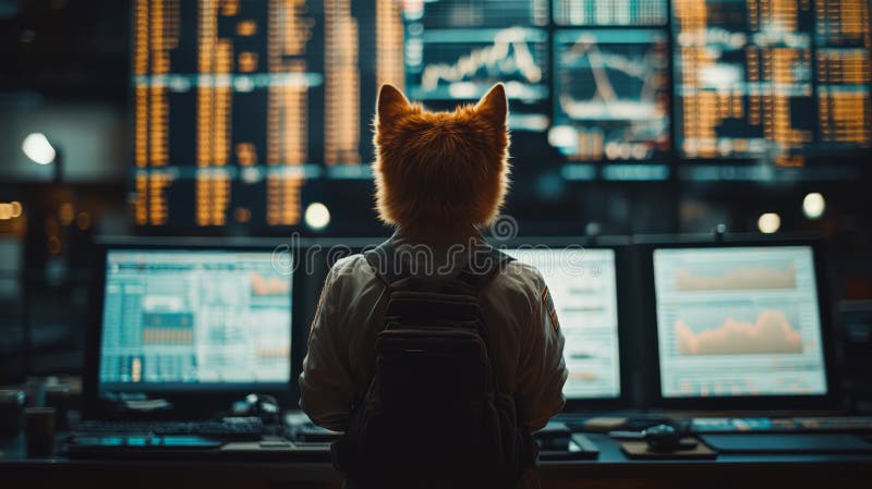 Trader Wearing a Cat Hat Analyzes Financial Data in a Busy Trading ...