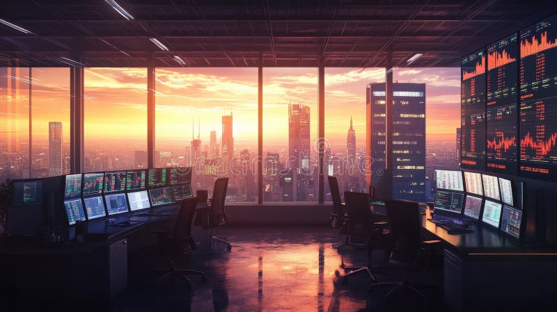 High-tech Trading Office at Sunset with City Skyline View Stock ...