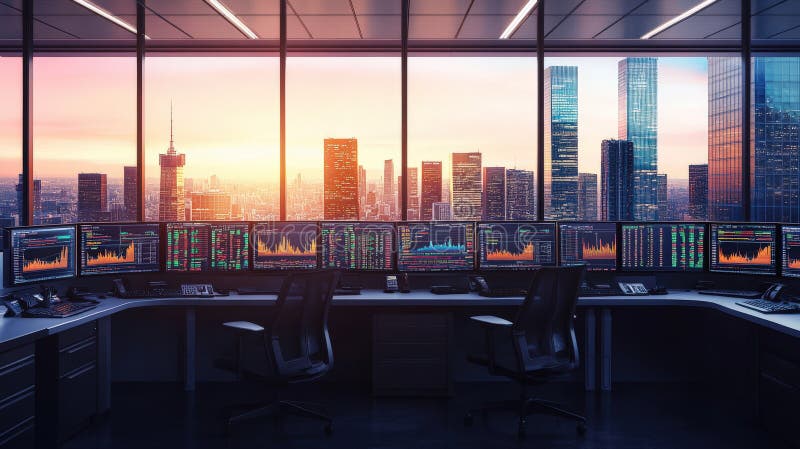 High-tech Trading Office with Skyline View at Sunset Stock Illustration ...