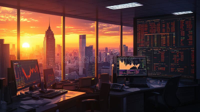 High-tech Trading Office with Skyline Views during Sunset Stock Illustration - Illustration of ...