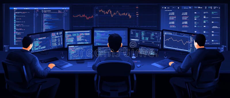 Traders Analyzing Market Data through Multiple Screens in a Dark Room ...