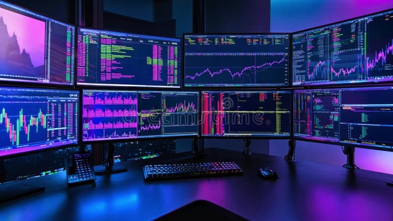 Traders Analyzing Market Trends Using Multiple Monitors with Vibrant ...