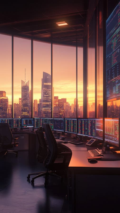 High-tech Trading Office with City Skyline at Sunset Stock Illustration ...