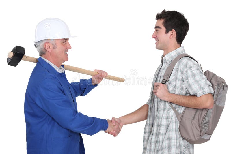 Tradesman Meeting New Apprentice Stock Photo - Image of knapsack ...