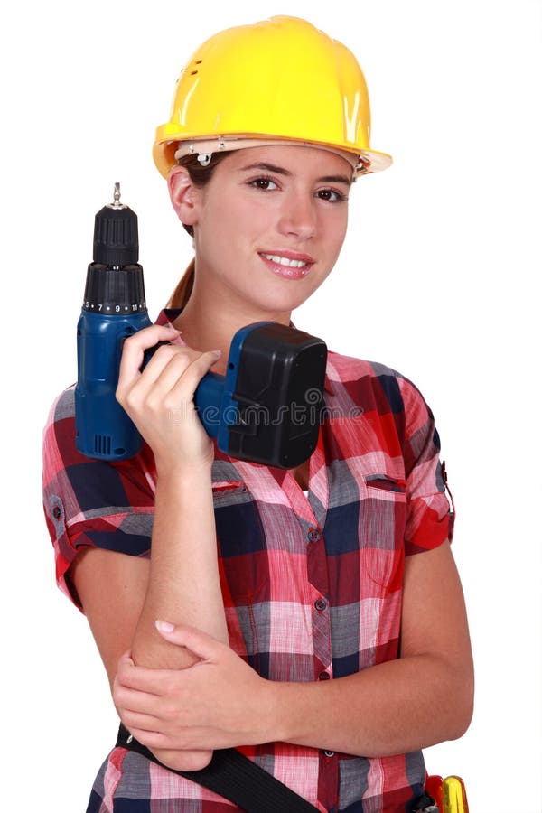 Tradeswoman Holding a Power Tool Stock Photo - Image of duperie, shirt ...