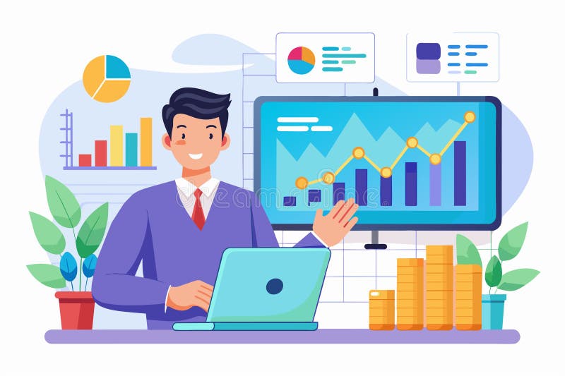 Trading Analyst Explains a Flat Trend Using Charts on a Laptop at a ...