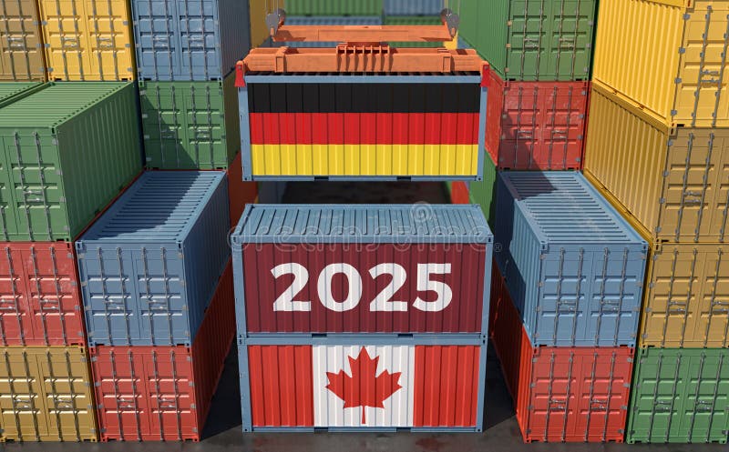 Trading 2025. Cargo Container with Canada and German Flag Stock ...