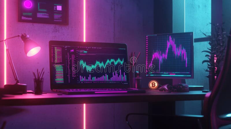 Trading Desk with Glowing Laptop Screen Showing Cryptocurrency Graphs ...